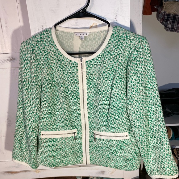 CAbi | Jackets & Coats | Cabi Green And White Tweed Jacket With Zipper ...